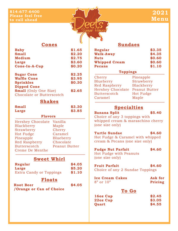 Menu - Deets' Sugar House