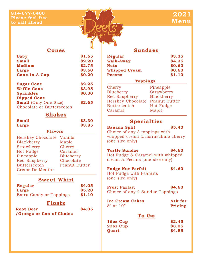 Menu - Deets' Sugar House